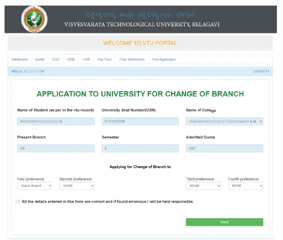 VTU Change of Branch 2023-24 [Step by Step Procedure to Apply]
